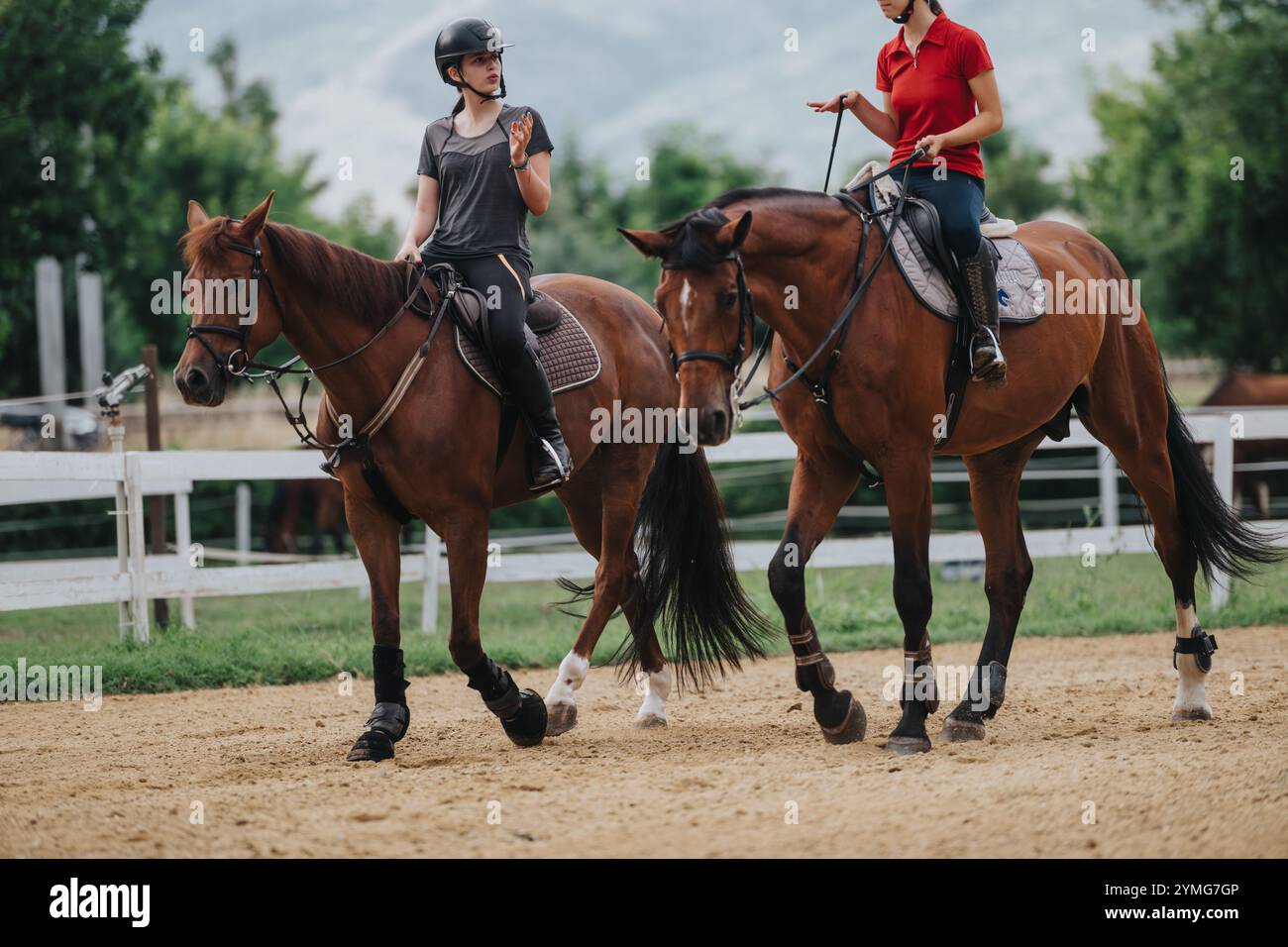 Two girls riding horses on a ranch wearing helmets and discussing ...