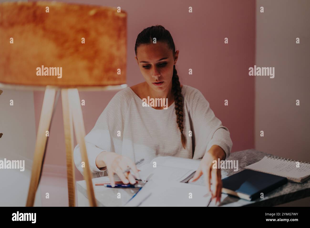 Focused college student studying at home with books and notes Stock ...