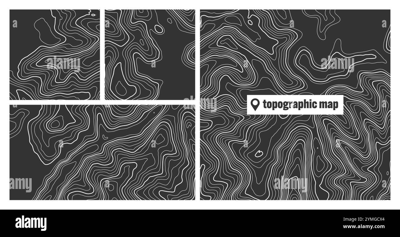 Colorful topographic map sets with contour lines. Geographic terrain grid, relief height ...