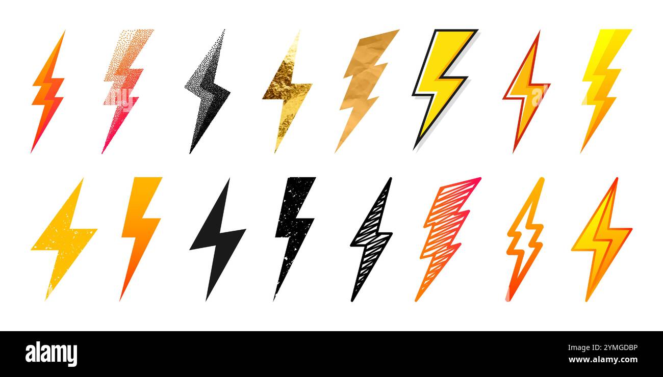 Lightning bolt icons collection. Golden, grunge, stippled, hand drawn ...