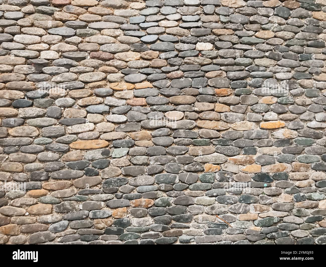 A wall made of stone blocks with a brown and gray color. The wall is ...