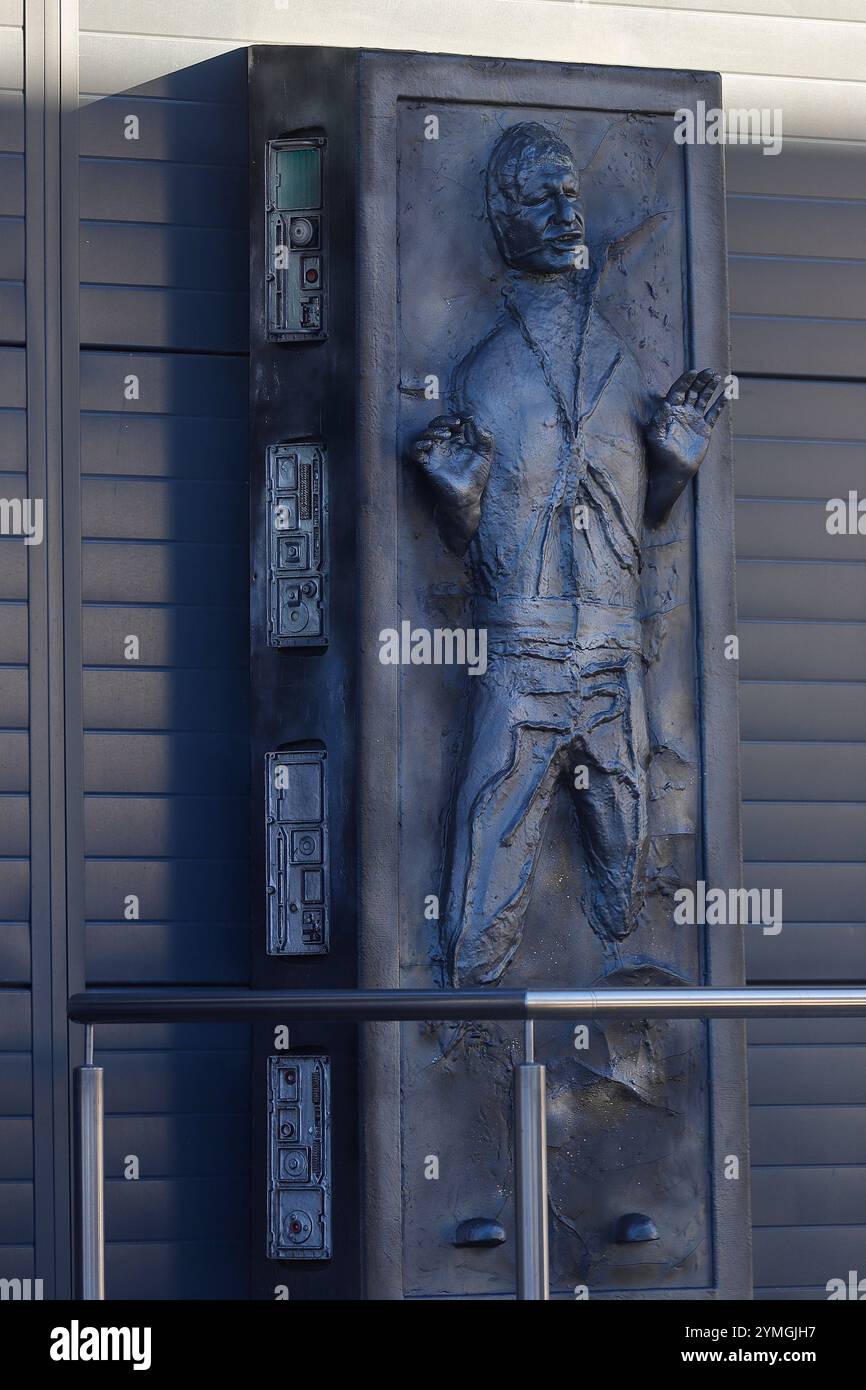A replica film prop of Han Solo frozen in carboinite on display at a ...