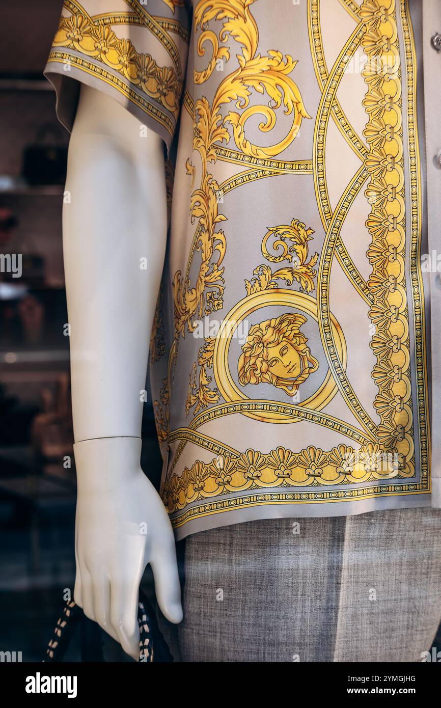 Milan, Italy - August 20, 2024: A close-up of a Versace shirt in a ...