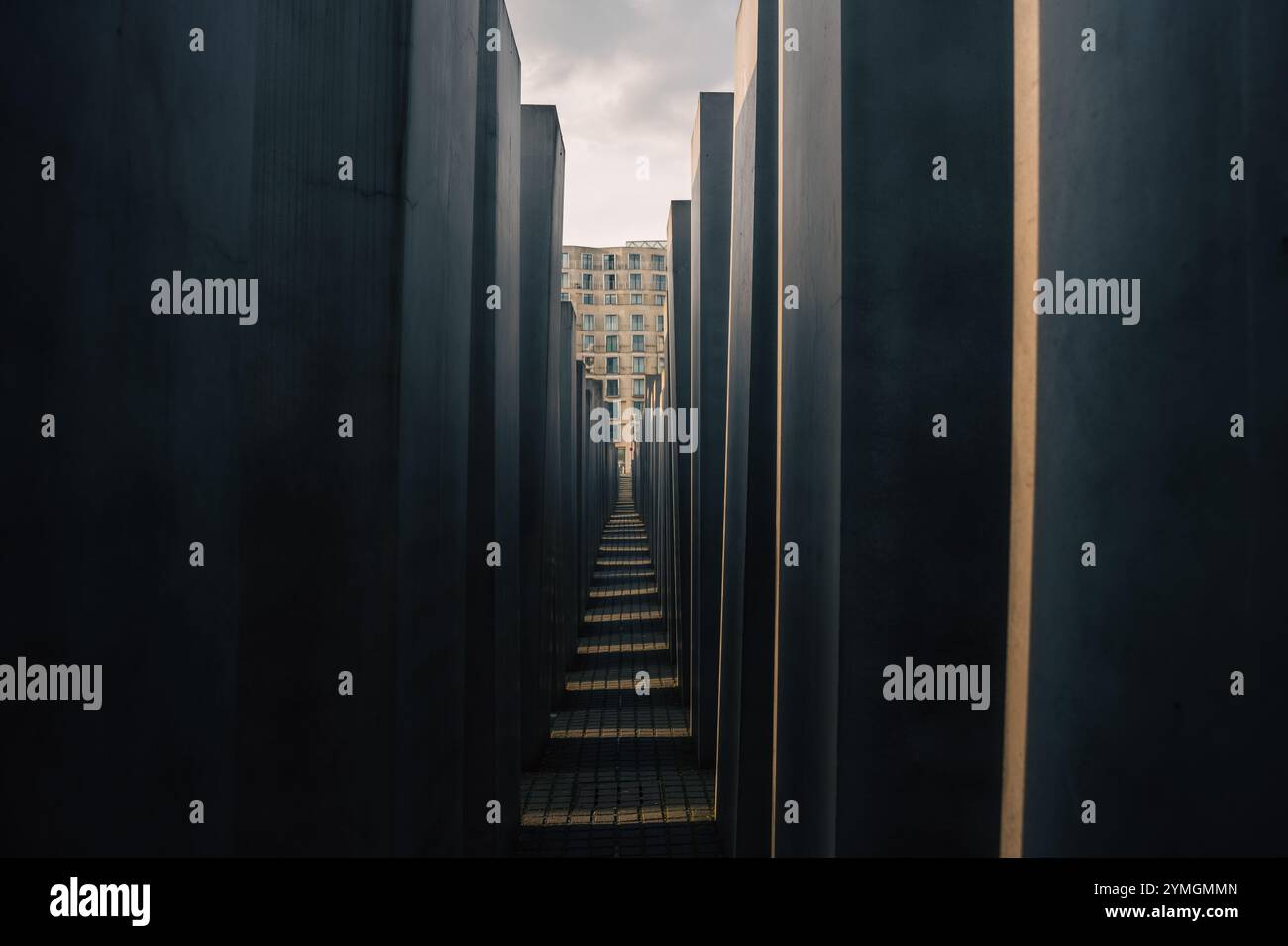 A straight line of sturdy concrete columns leading up to a large ...