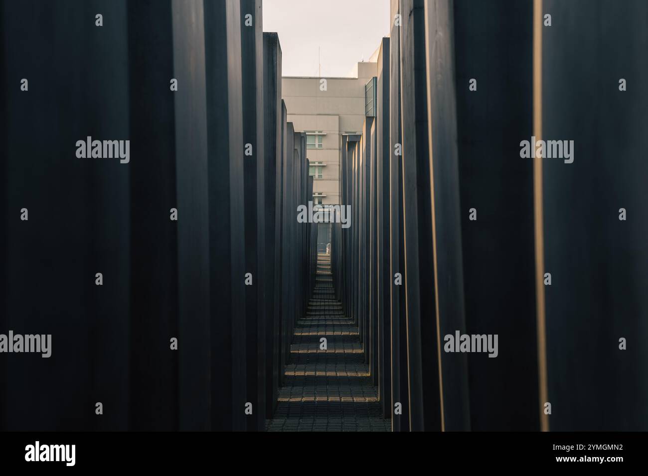 A straight line of sturdy concrete columns leading up to a large ...