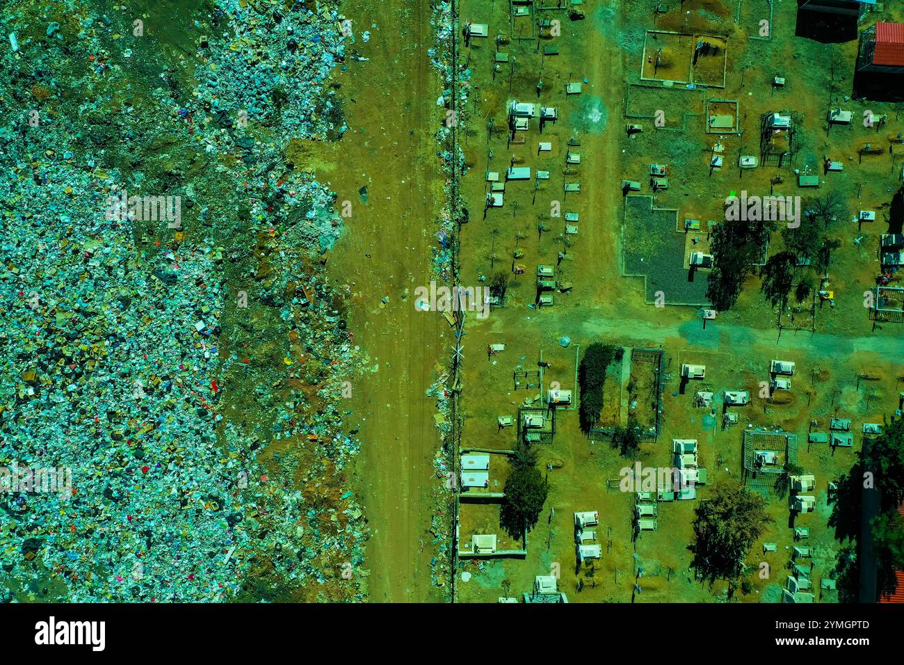 Aerial view of cemetery in Santa Barbara Mexico and garbage dump, Vista ...