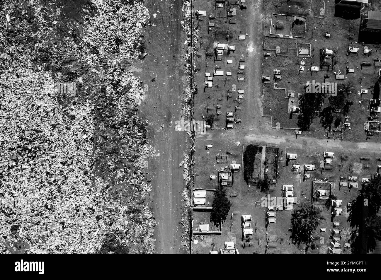 Aerial view of cemetery in Santa Barbara Mexico and garbage dump, Vista ...
