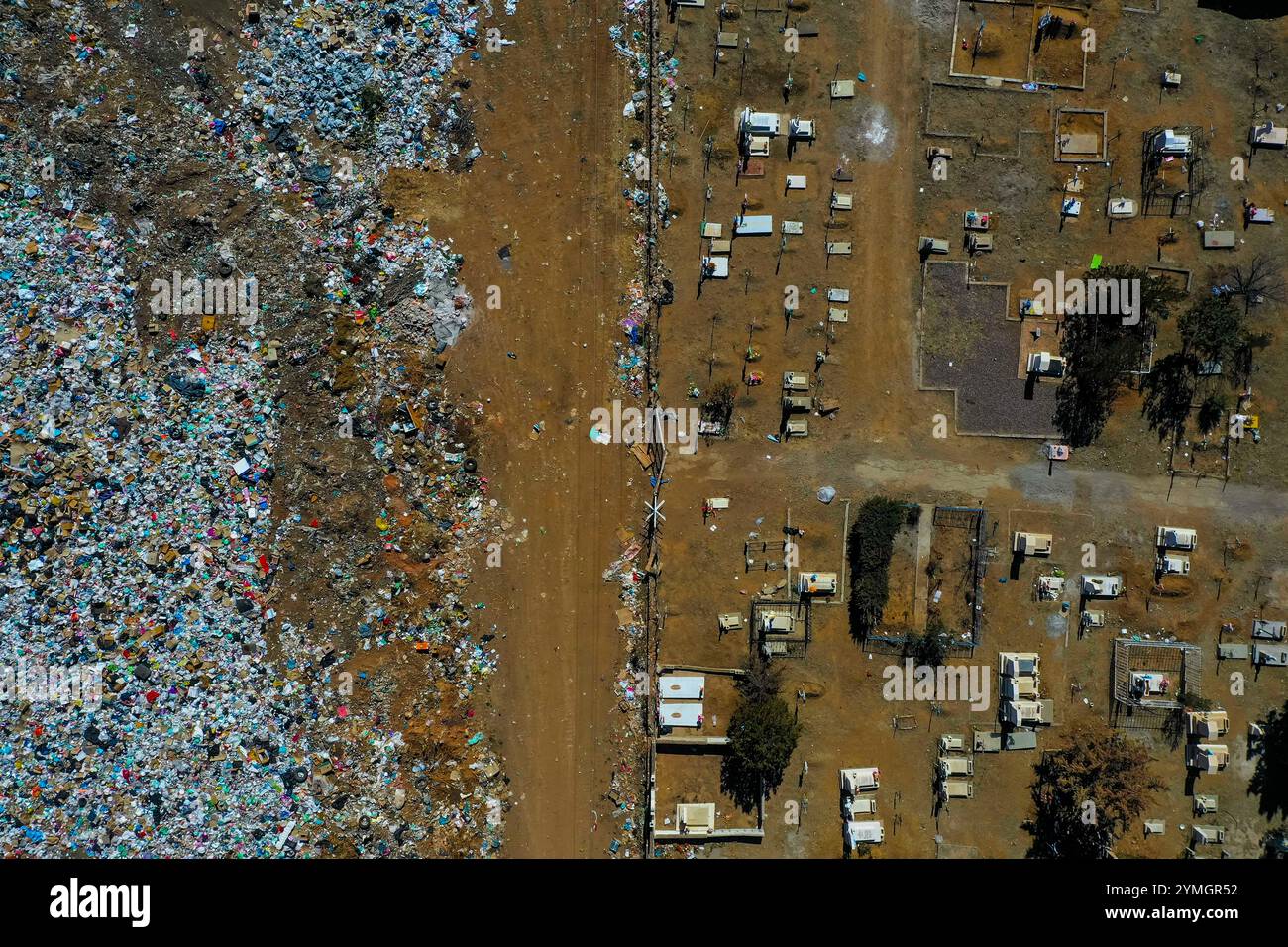Aerial view of cemetery in Santa Barbara Mexico and garbage dump, Vista ...