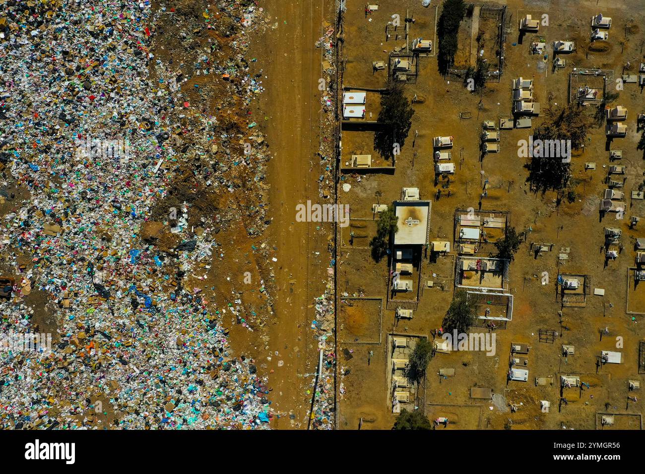 Aerial view of cemetery in Santa Barbara Mexico and garbage dump, Vista ...