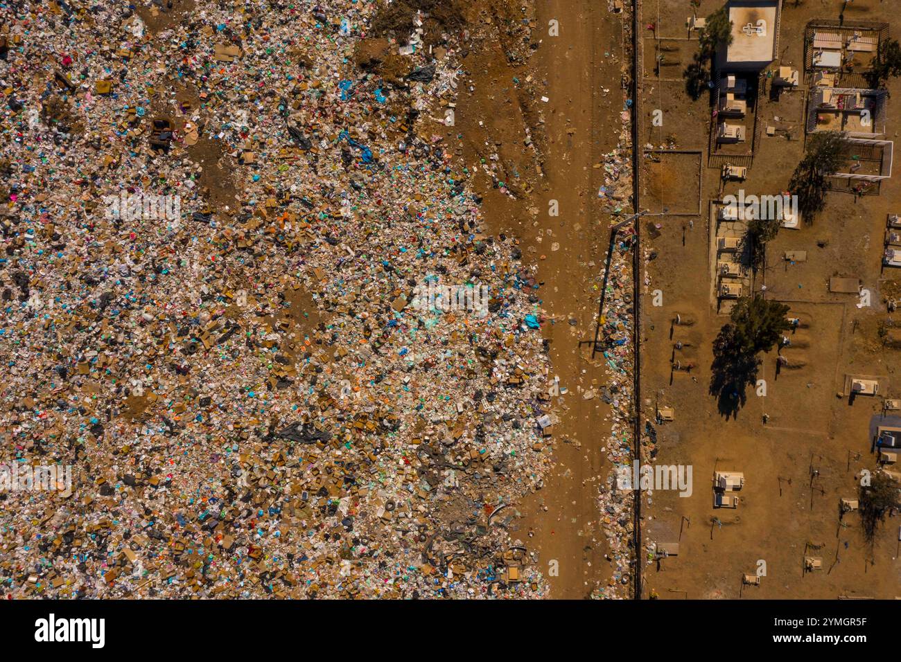 Aerial view of cemetery in Santa Barbara Mexico and garbage dump, Vista ...