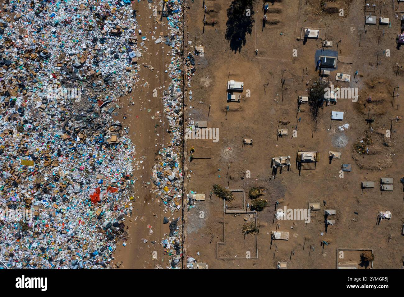 Aerial view of cemetery in Santa Barbara Mexico and garbage dump, Vista ...
