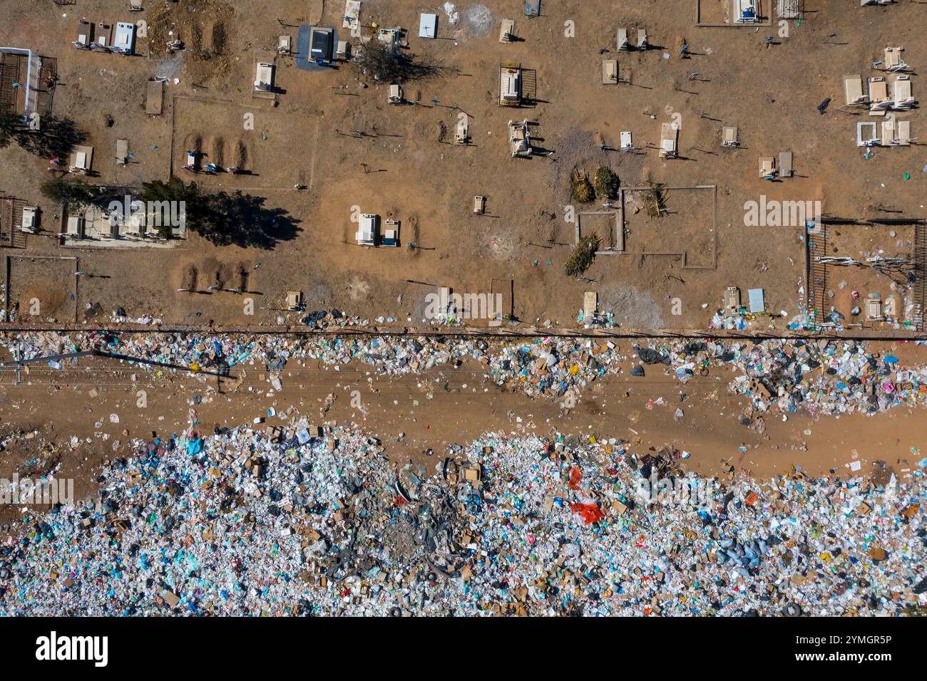 Aerial view of cemetery in Santa Barbara Mexico and garbage dump, Vista ...