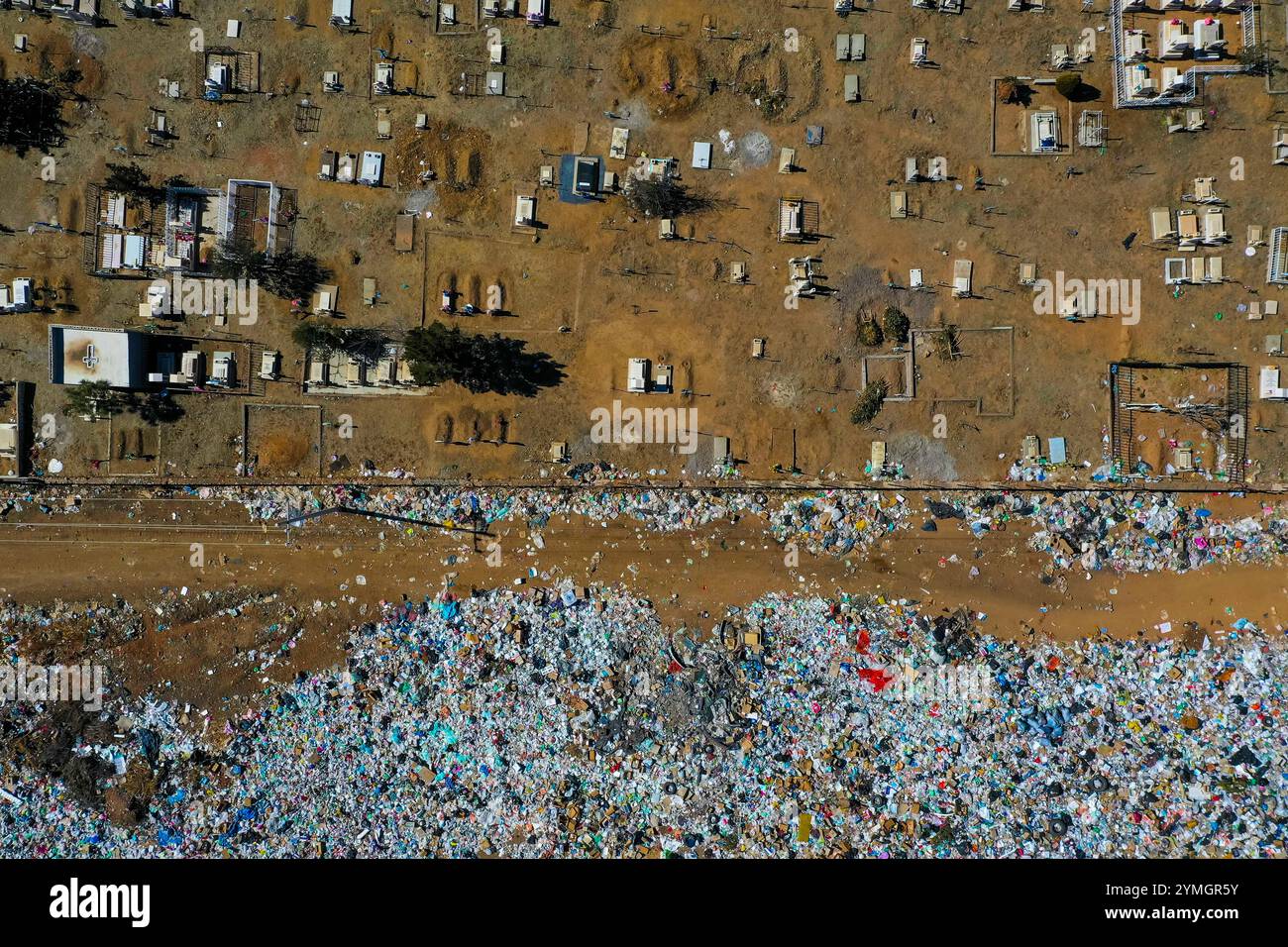 Aerial view of cemetery in Santa Barbara Mexico and garbage dump, Vista ...