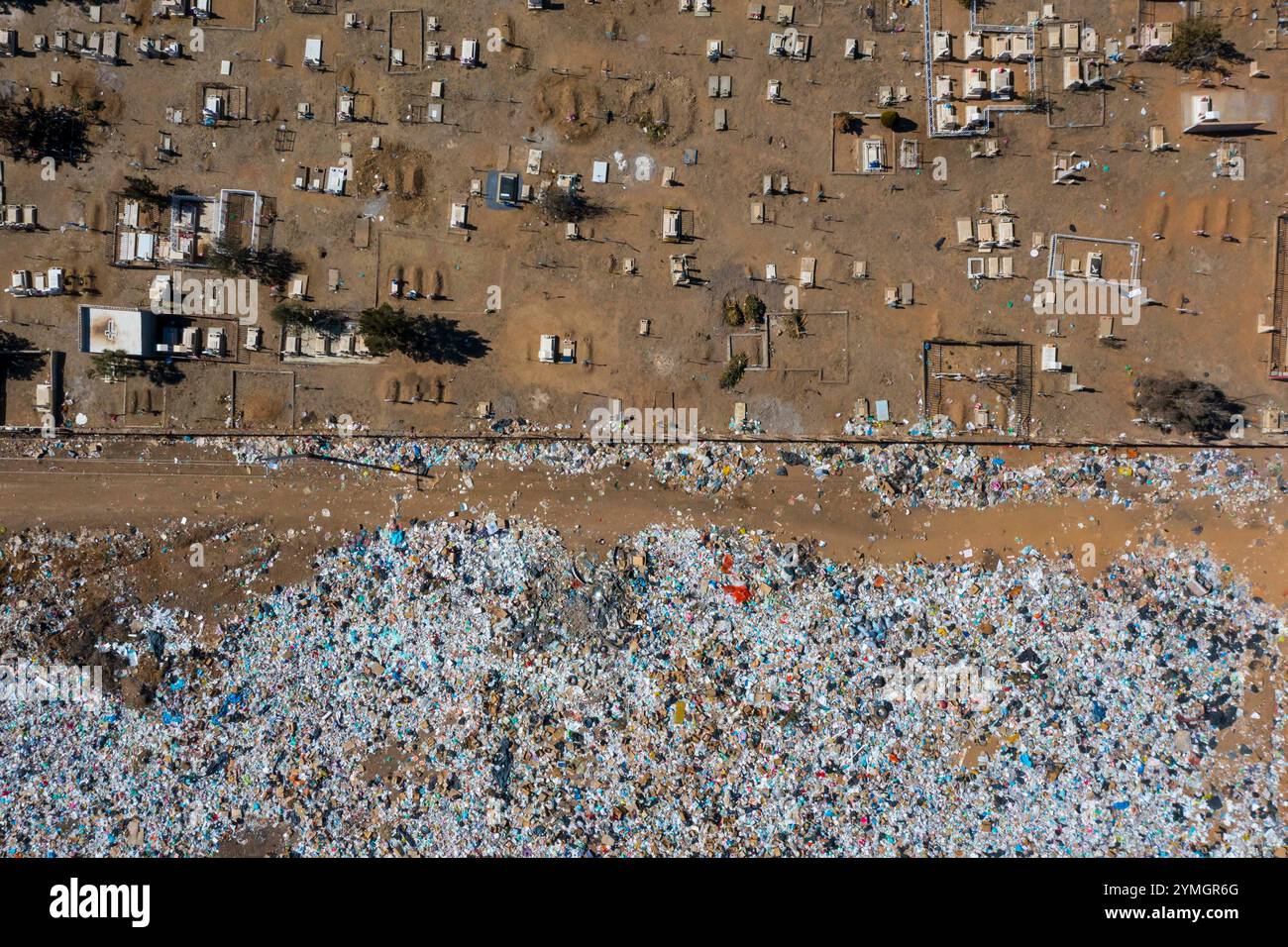 Aerial view of cemetery in Santa Barbara Mexico and garbage dump, Vista ...