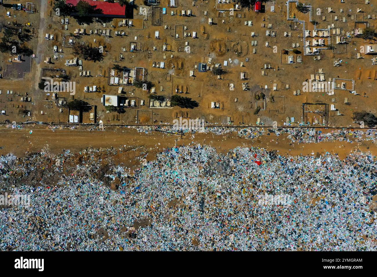 Aerial view of cemetery in Santa Barbara Mexico and garbage dump, Vista ...