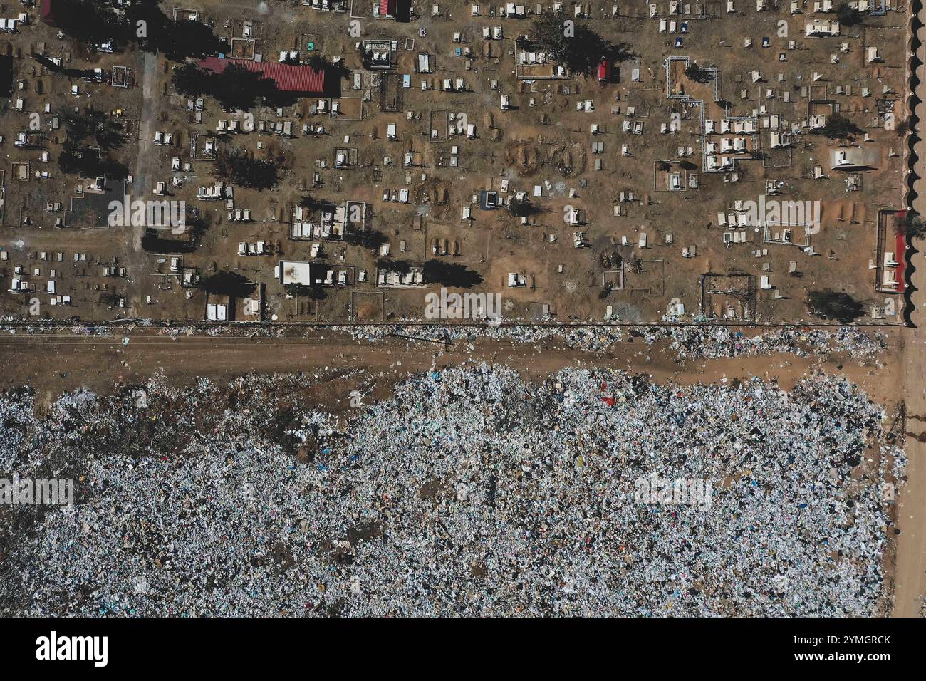 Aerial view of cemetery in Santa Barbara Mexico and garbage dump, Vista ...