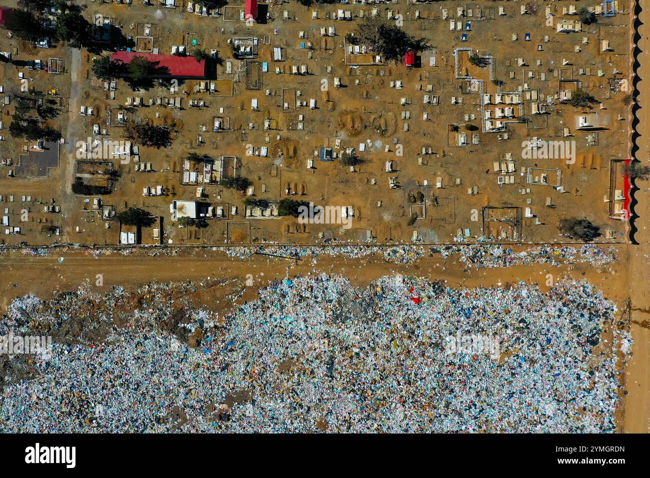 Aerial view of cemetery in Santa Barbara Mexico and garbage dump, Vista ...