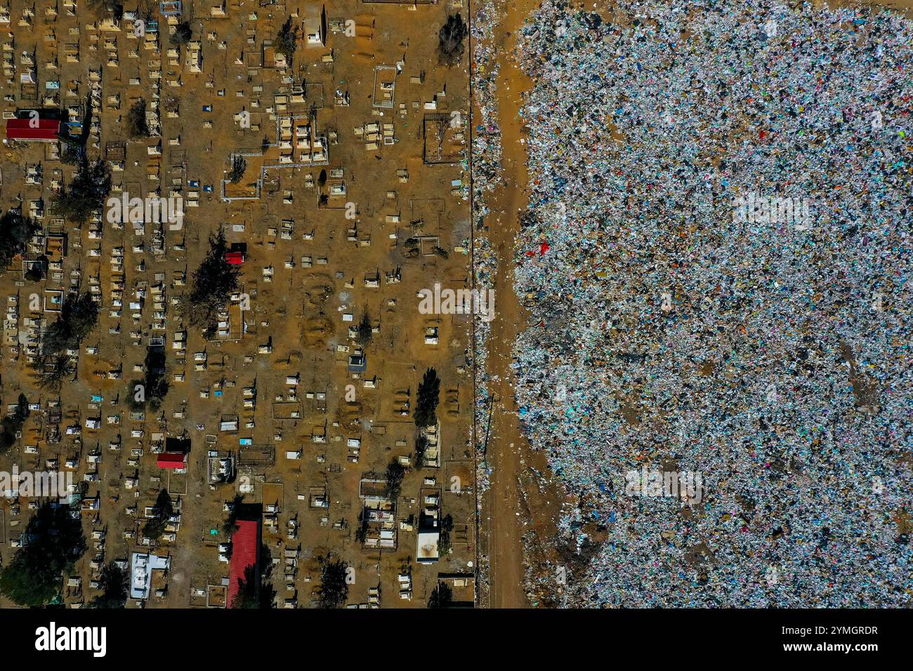 Aerial view of cemetery in Santa Barbara Mexico and garbage dump, Vista ...