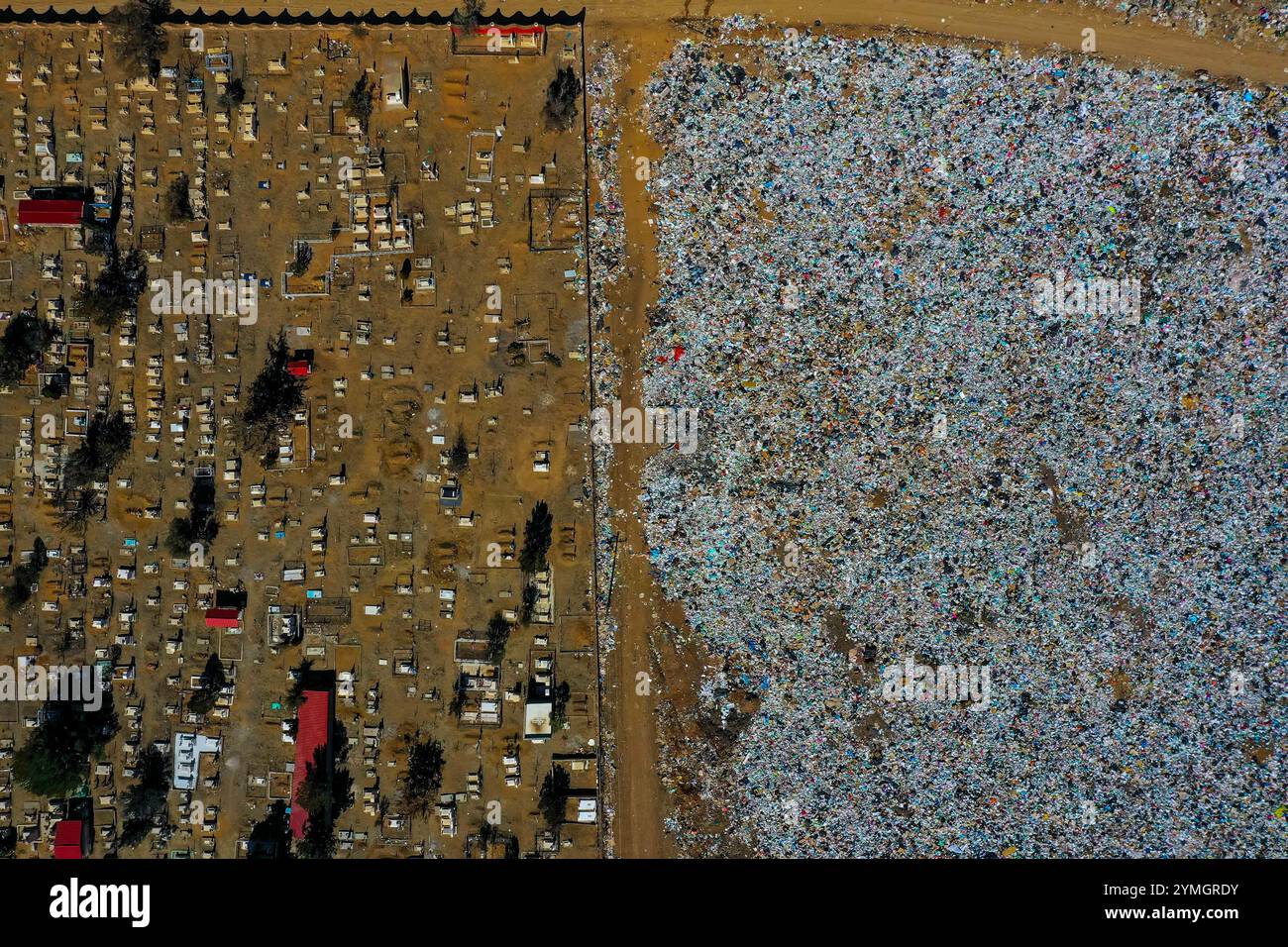 Aerial view of cemetery in Santa Barbara Mexico and garbage dump, Vista ...