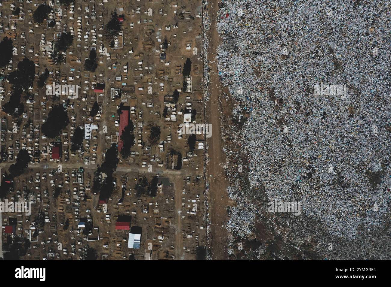 Aerial view of cemetery in Santa Barbara Mexico and garbage dump, Vista ...