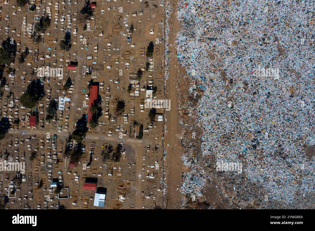 Aerial view of cemetery in Santa Barbara Mexico and garbage dump, Vista ...