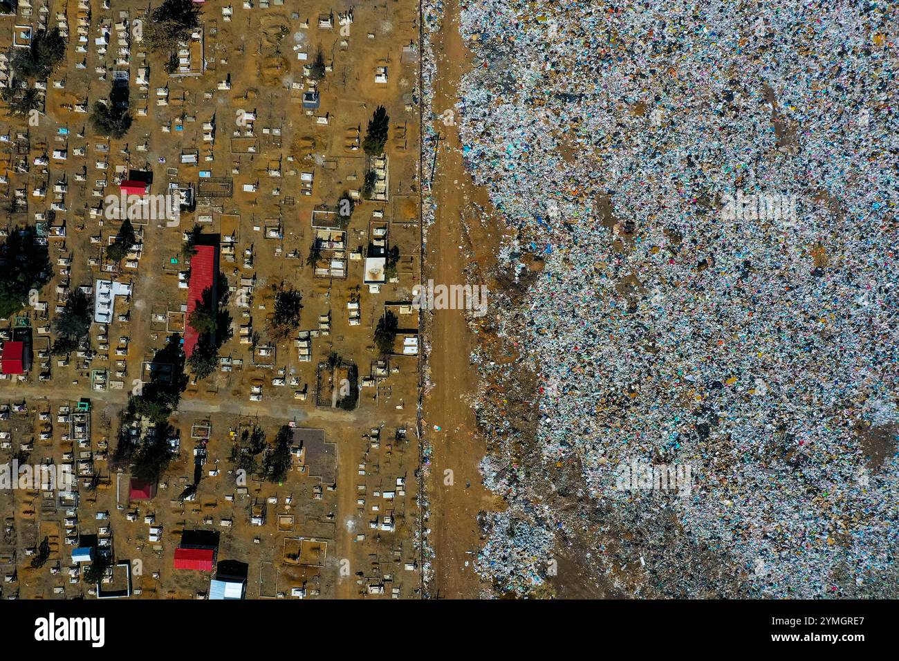 Aerial view of cemetery in Santa Barbara Mexico and garbage dump, Vista ...