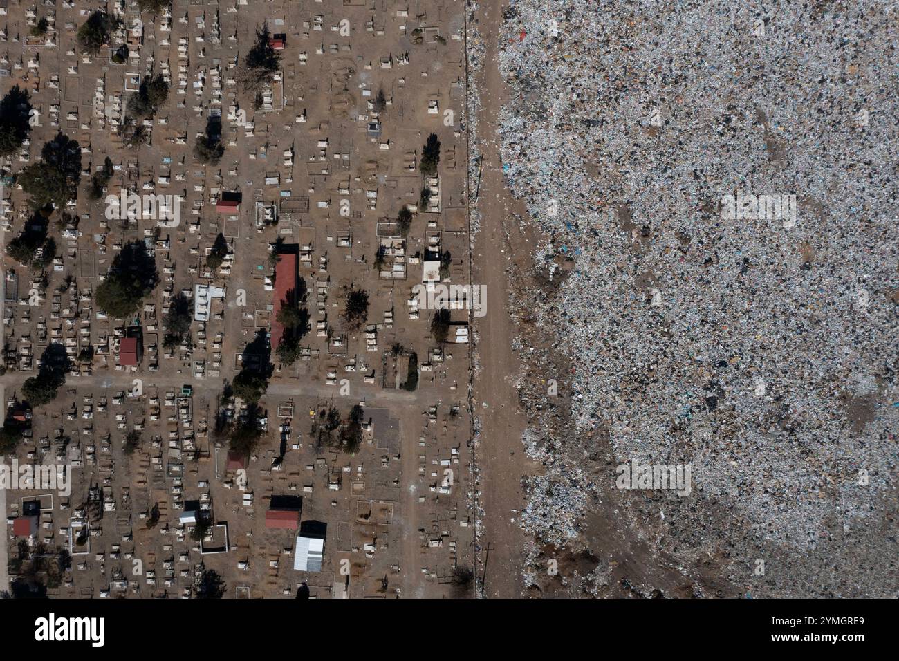 Aerial view of cemetery in Santa Barbara Mexico and garbage dump, Vista ...