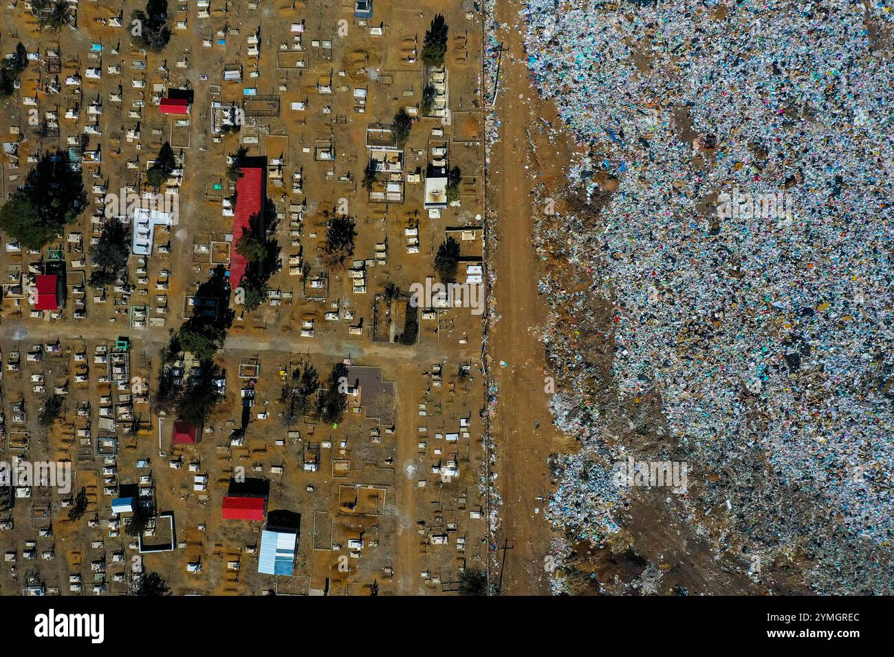 Aerial view of cemetery in Santa Barbara Mexico and garbage dump, Vista ...