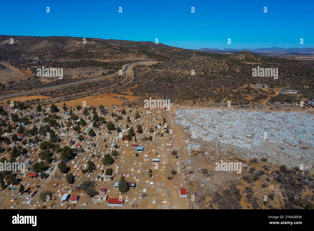 Aerial view of cemetery in Santa Barbara Mexico and garbage dump, Vista ...