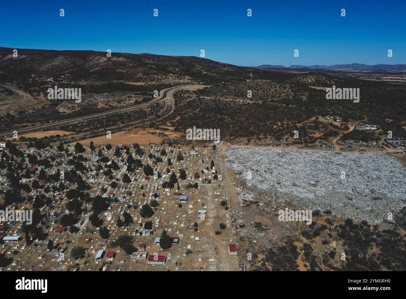 Aerial view of cemetery in Santa Barbara Mexico and garbage dump, Vista ...