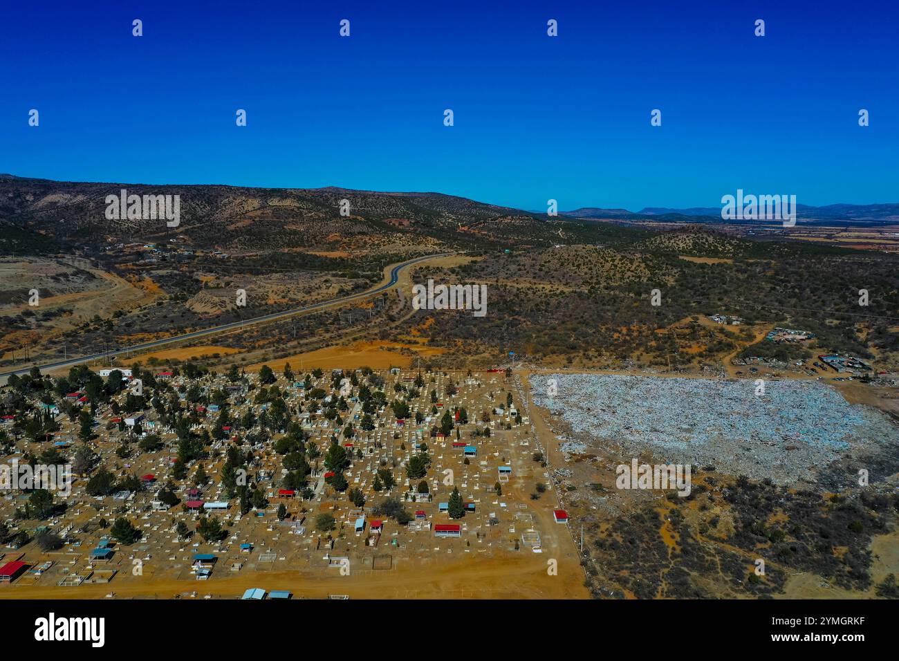 Aerial view of cemetery in Santa Barbara Mexico and garbage dump, Vista ...