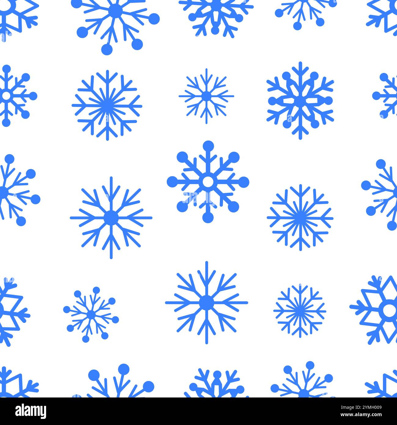 Blue snowflakes of various sizes set against a white background in a ...