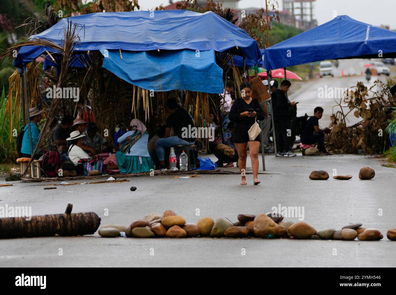 Supporters of former President Evo Morales block a road that leads to ...