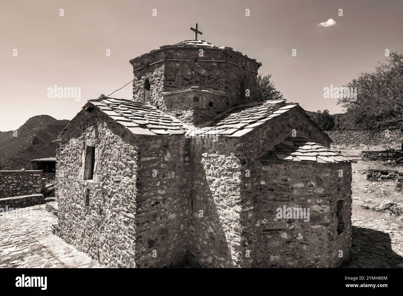 The rugged stone architecture of Mardaki Monastery in Messinia, Greece ...