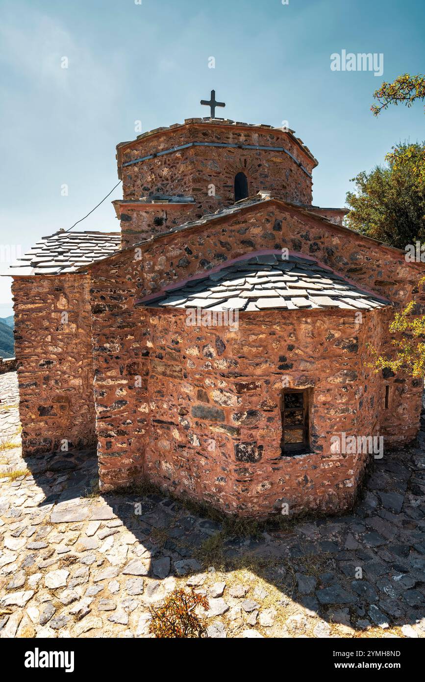 The historic Mardaki Monastery in Messinia, Greece, displays its stone ...
