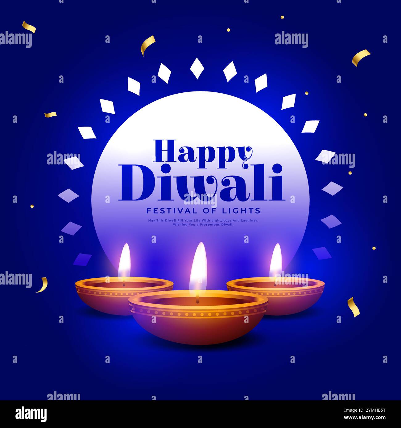 glowing diwali diya blue background with golden confetti decor vector ...
