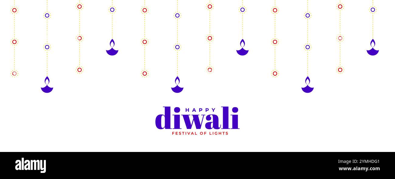 happy diwali greeting white banner with hanging diya vector Stock ...