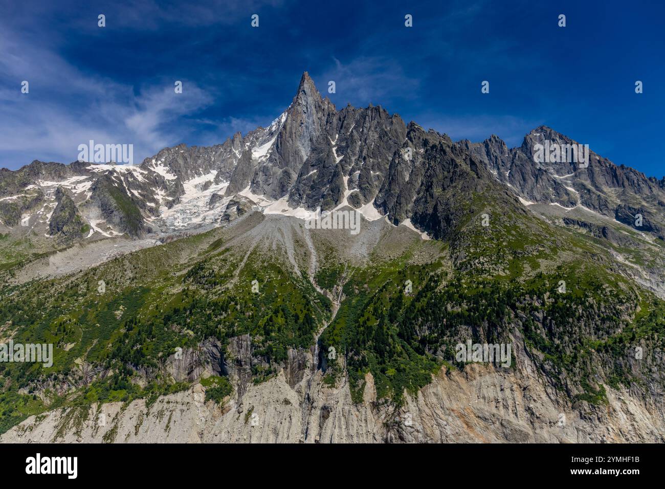 Petit Dru granite mountain wall and summit in Chamonix valley, french ...