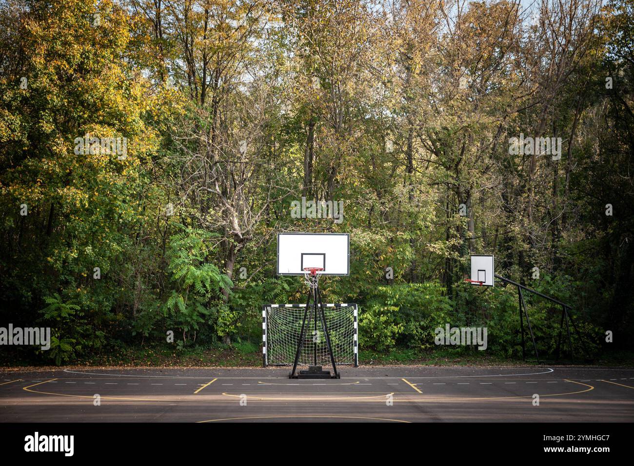 A basketball playground in Serbia showcases backboards and hoops ...
