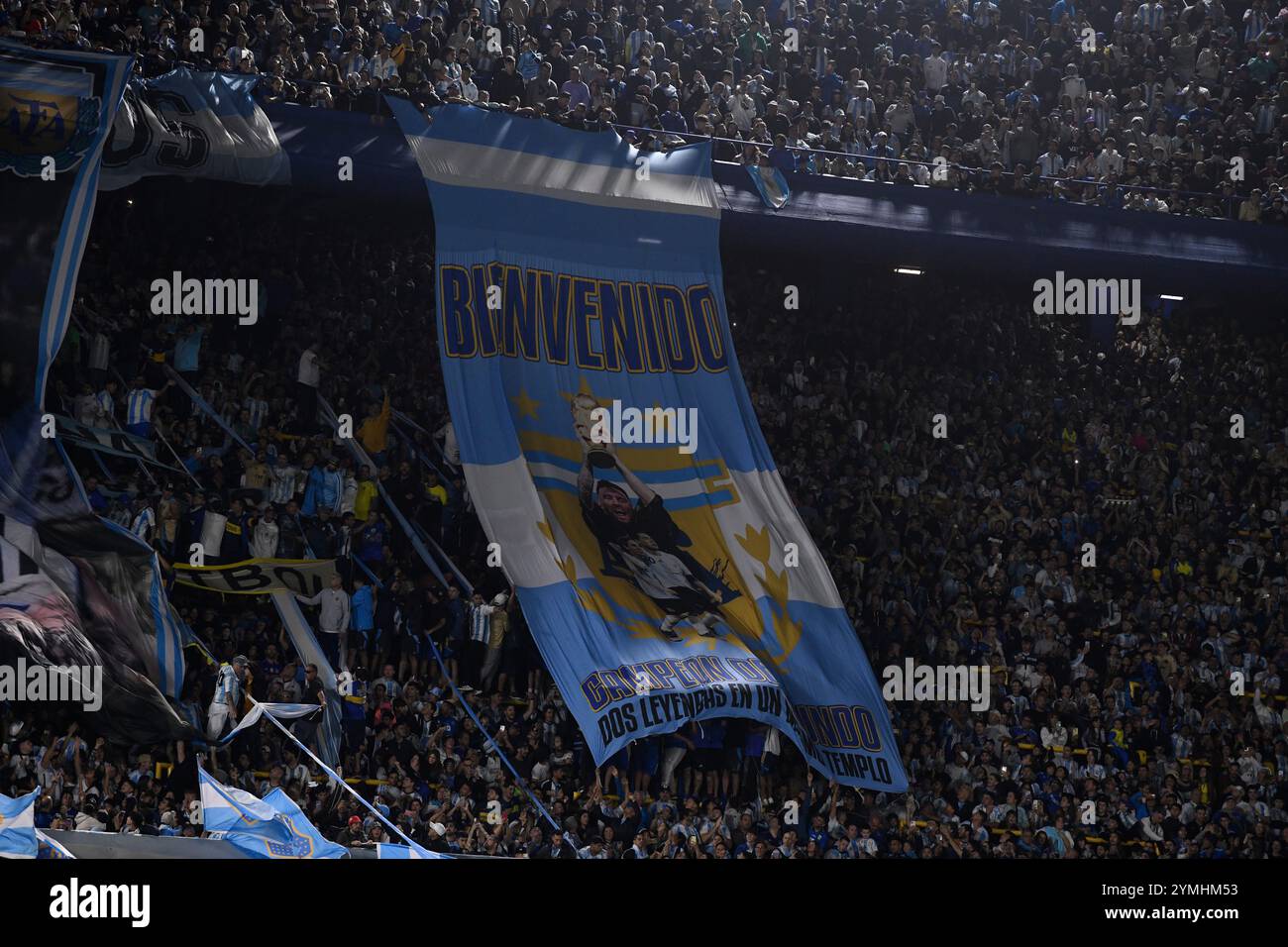 BUENOS AIRES, ARGENTINA - NOVEMBER 19: giant flag with Lionel Messi ...