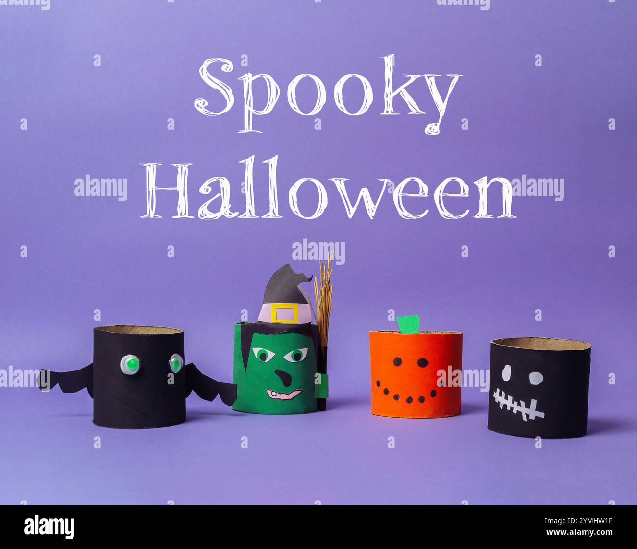 Group of Halloween decorations made from paper tubes. The decorations ...