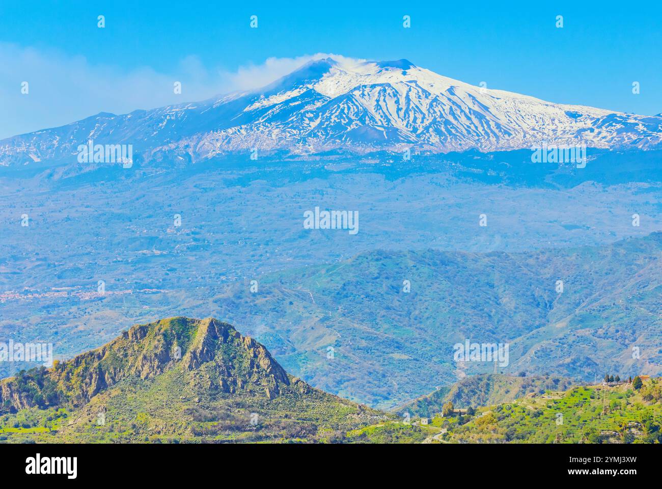 View of mount Etna from Castelmola village, Castelmola, Taormina ...