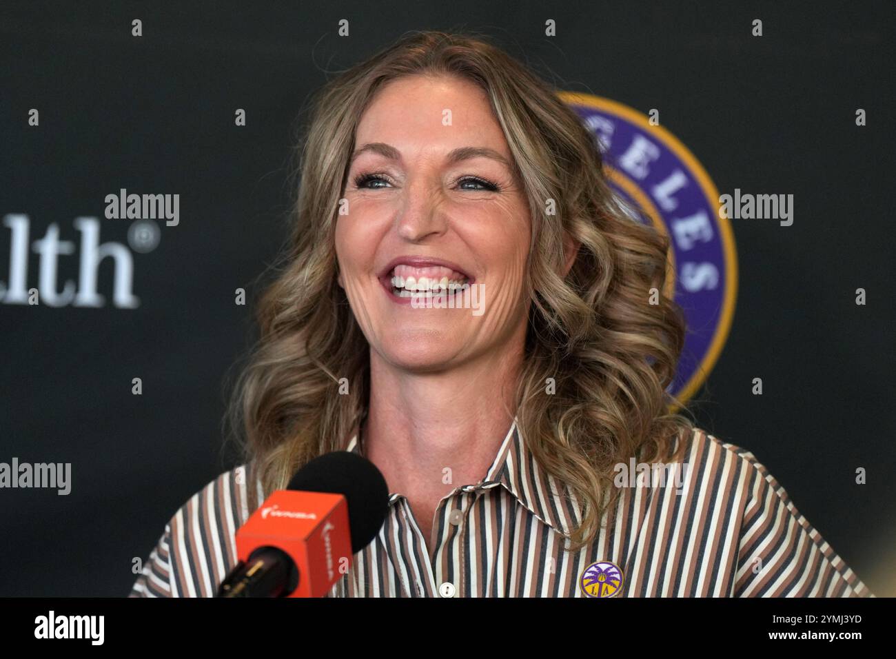 LA Sparks general manager Raegan Pebley attends a WNBA news conference ...