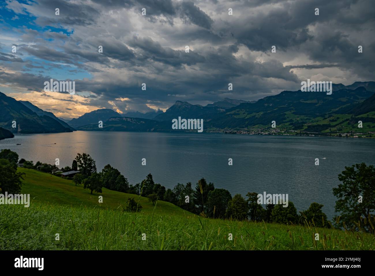 Lake in the Swiss Alps. Panoramic view of the nature and mountains of ...