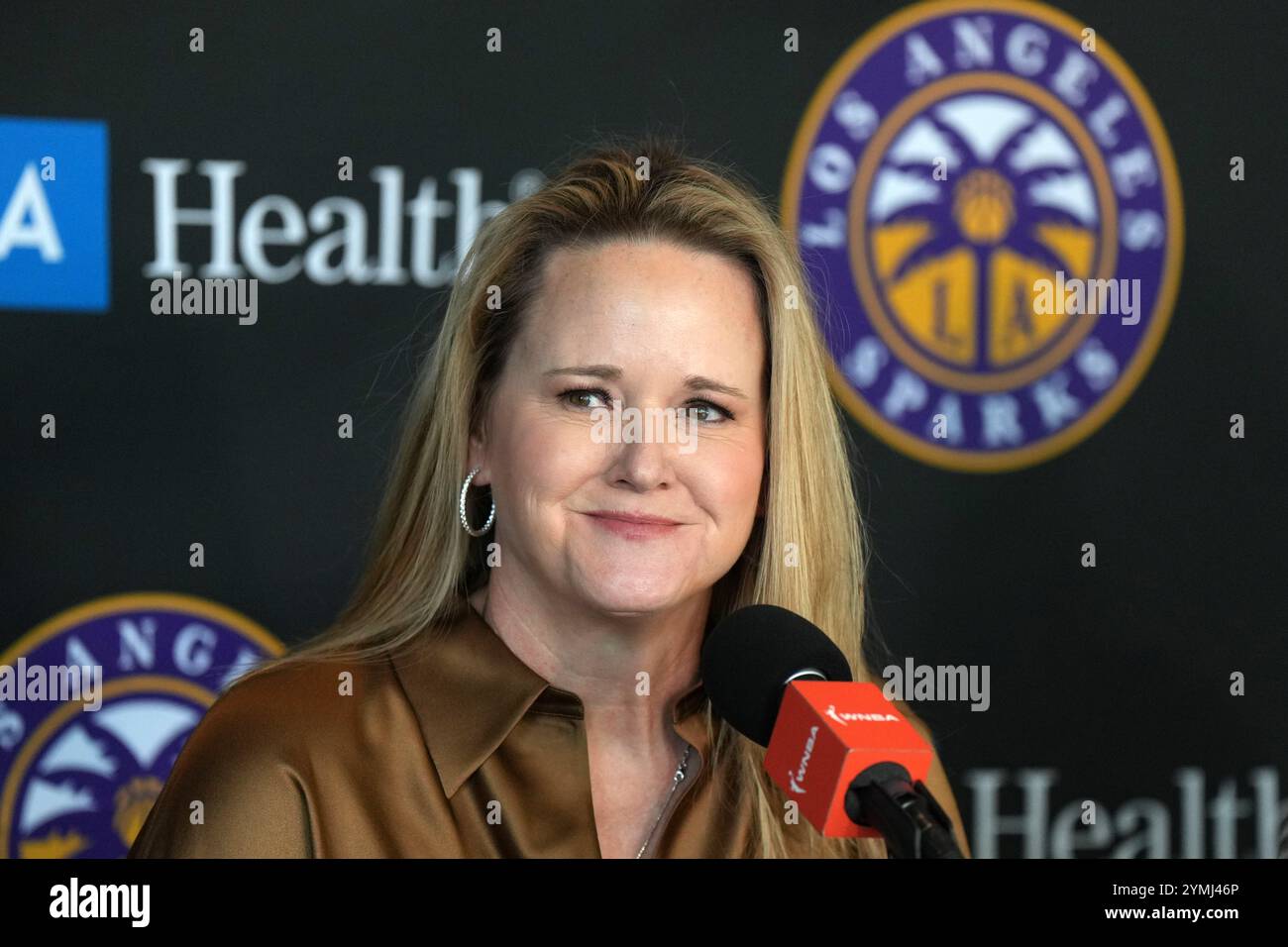 Lynne Roberts is introduced as the LA Sparks head basketball coach at a ...