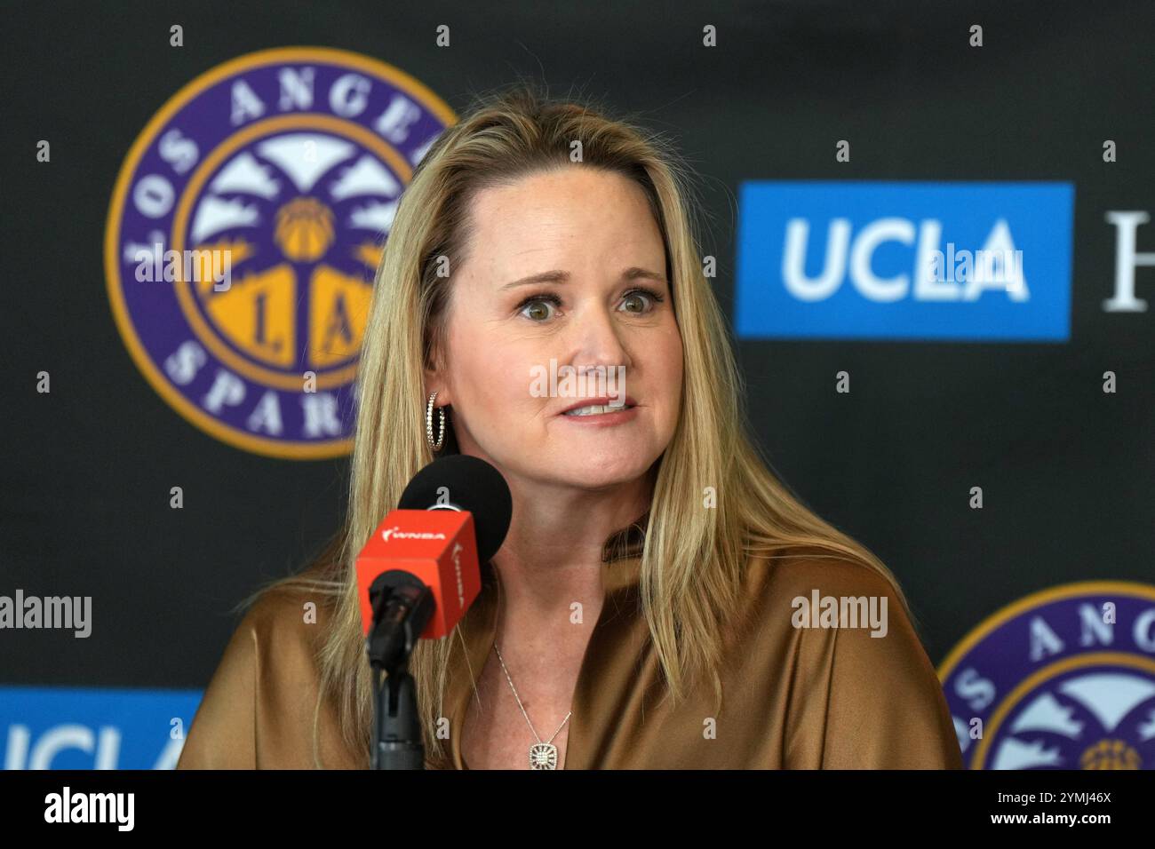 Lynne Roberts is introduced as the LA Sparks head basketball coach at a ...