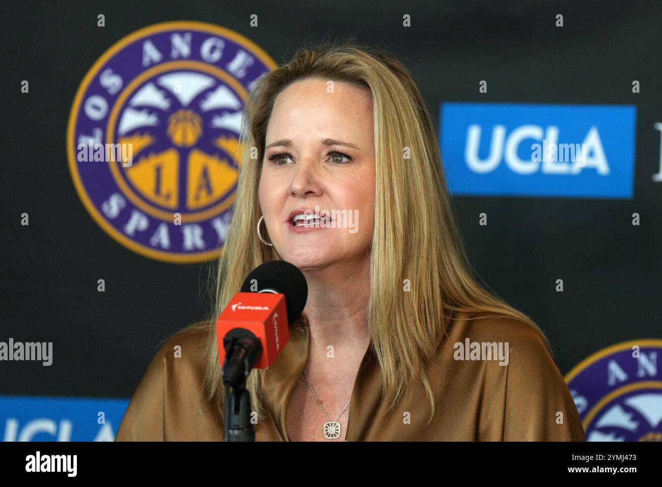 Lynne Roberts is introduced as the LA Sparks head basketball coach at a ...