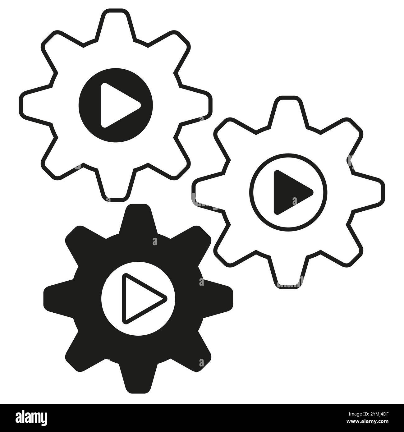 Play button gears. Vector machinery icons. Black and white cogs. Simple ...