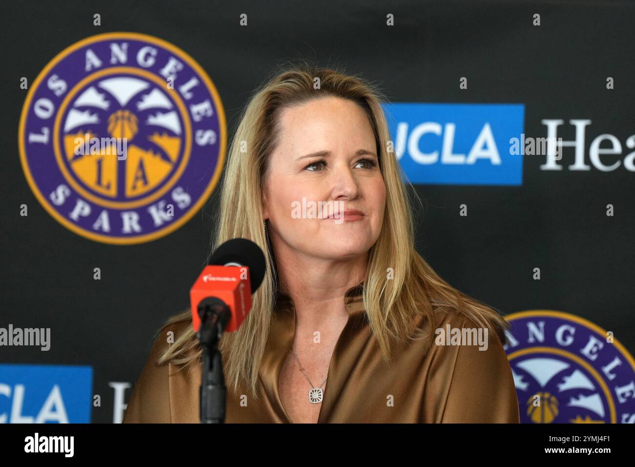 Lynne Roberts is introduced as the LA Sparks head basketball coach at a ...