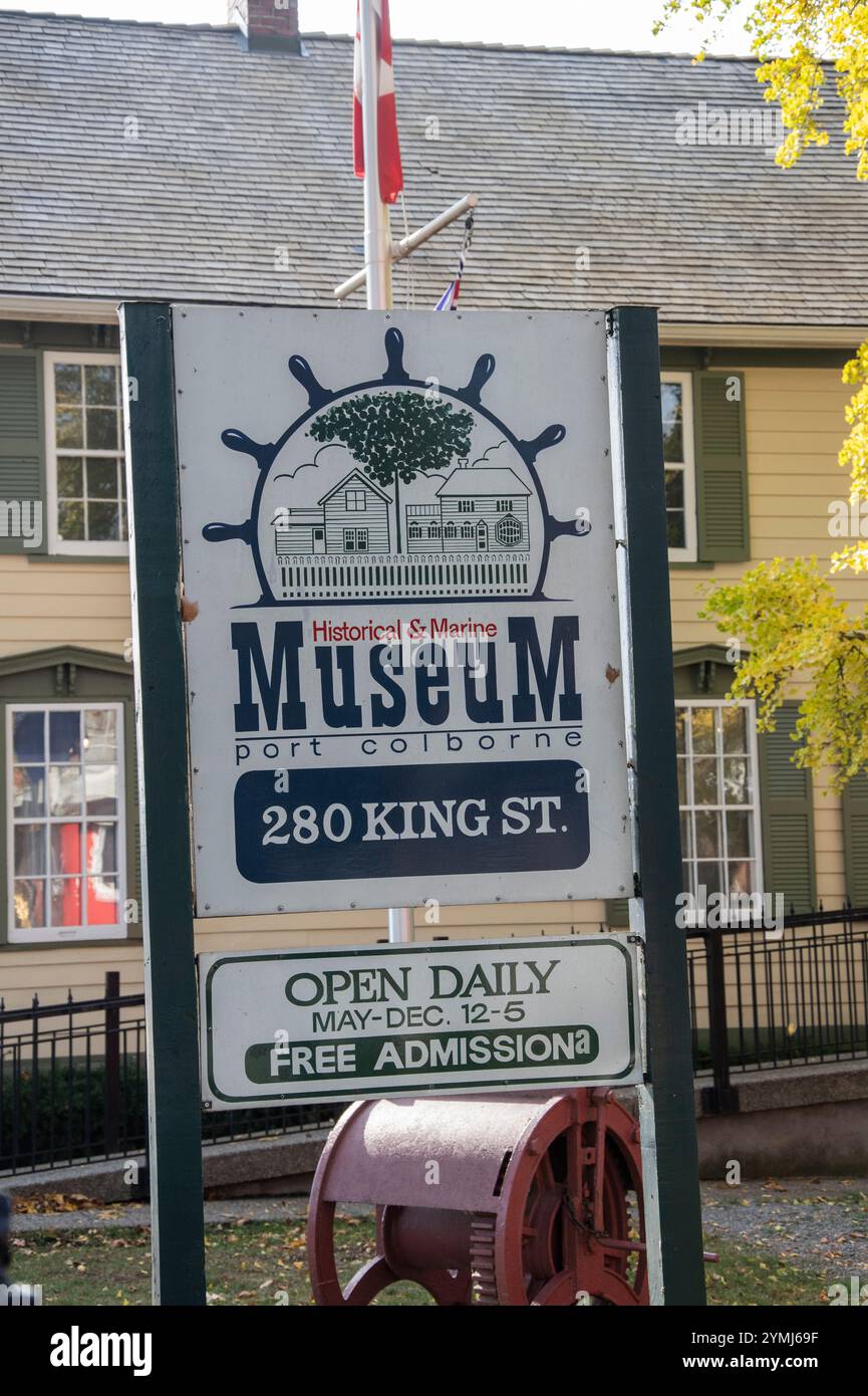Historical marine museum sign on King Street in Port Colborne, Ontario ...
